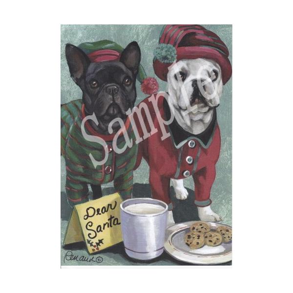 フレンチ・ブルドッグ クリスマスカード。愛犬家の方へのプレゼントに添えていただくのに最適です。額などに入れていただくと、素敵なインテリアとしてお楽しみいただけます。カードメッセージ"Tis the season to paws and re...