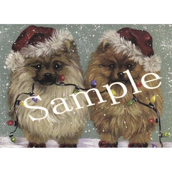 ポメラニアン クリスマスカード。愛犬家の方へのプレゼントに添えていただくのに最適です。額などに入れていただくと、素敵なインテリアとしてお楽しみいただけます。カードメッセージ"Let the spirit of the holiday sea...