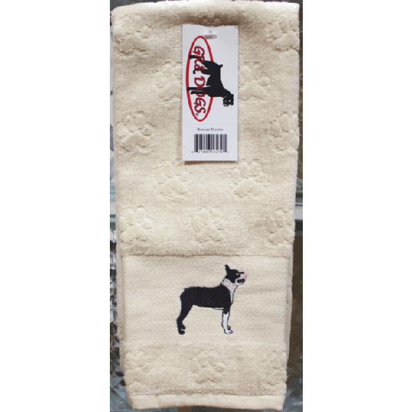 ボストンテリアの刺繍が入ったバウ柄輸入タオルです。色も優しいベビーイエローで、刺繍をグッと引き立てています。生活必需品のタオルは、プレゼントに最適です!!◆Size　　約61×38cm◆素材　　コットン100％☆厚みがありますので、こちらの...