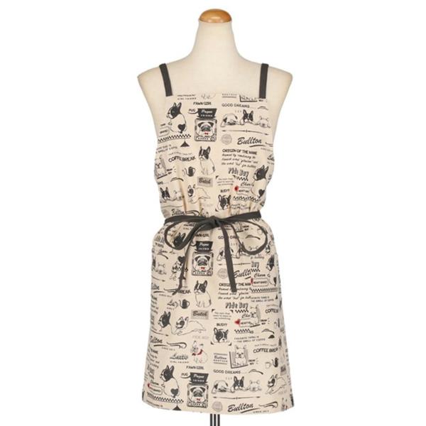 ブルトンとブルタンとパグーが可愛いエプロン。こんなに可愛いエプロンを着けると毎日の食事作りが楽しくなりますね!!お料理好きな方へのプレゼントにもおススメです。左右にポケットがついています。Size：約丈　75cm<br>素材：綿...