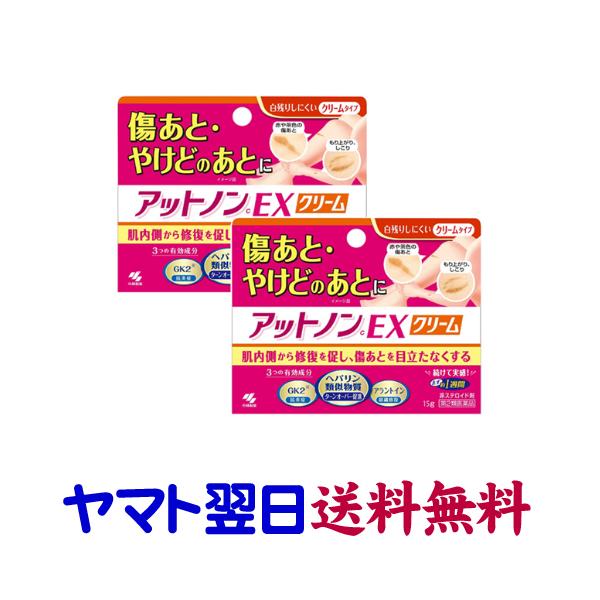 ★★南東北〜九州まで全国あすつく★★【第2類医薬品】市販薬　アットノンEXクリーム（15g×2個セット）は、傷あと、やけどの跡を治していく治療薬です。ヘパリン類似物質が皮膚のターンオーバーを促進して正常な皮膚の再生を促し、アラントインが皮膚...