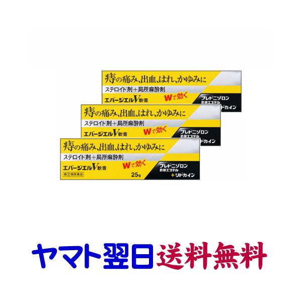 ★★南東北〜九州まで全国あすつく★★【指定第2類医薬品】市販薬　エバージエルＶ軟膏（3個セット）は、切れ痔、いぼ痔などによる出血、炎症や痛み、かゆみに、肛門の炎症を鎮めて、化膿菌を消毒して治療していきます。抗炎症作用のあるステロイド剤プレド...