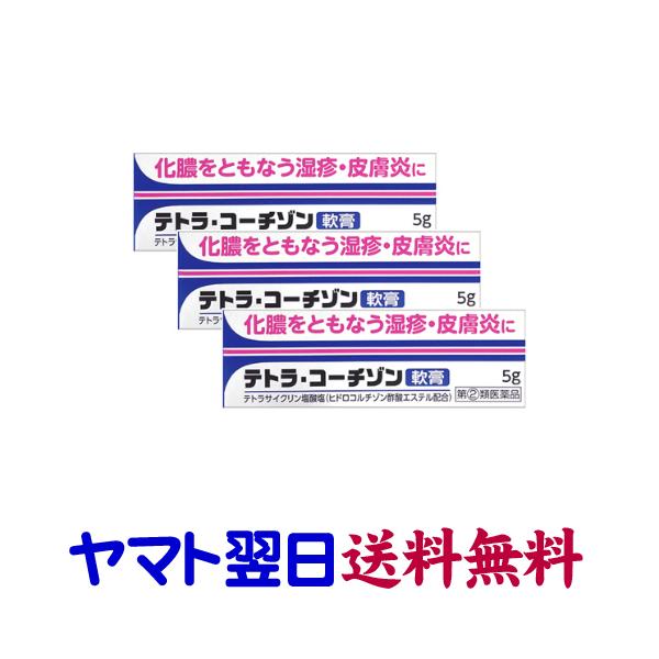 ★★南東北〜九州まで全国あすつく★★【指定第2類医薬品】市販薬　テトラ・コーチゾン軟膏（3個セット）は、抗生物質テトラサイクリン塩酸塩に、副腎皮質ホルモン剤（ステロイド）のヒドロコルチゾン酢酸エステルを配合した軟膏です。化膿を伴う湿疹、皮膚...