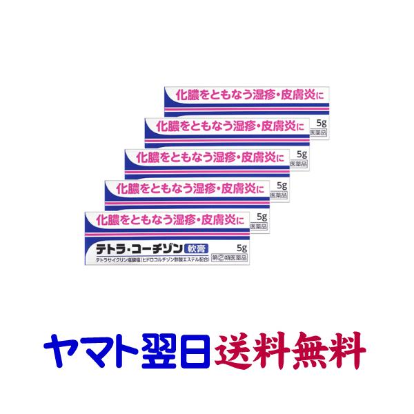 ★★南東北〜九州まで全国あすつく★★【指定第2類医薬品】市販薬　テトラ・コーチゾン軟膏（5個セット）は、抗生物質テトラサイクリン塩酸塩に、副腎皮質ホルモン剤（ステロイド）のヒドロコルチゾン酢酸エステルを配合した軟膏です。化膿を伴う湿疹、皮膚...