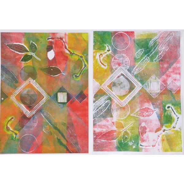 コラグラフ版画とは彫って作るのではなく、版に色々な素材を貼りつけたり、塗ったりしてつくる版画です。※セット以外のものも使用しています。台紙 380×270mm台紙 380×270mm・・・1、刷紙８切・・・2、画用紙8切・・・1、型紙6種セ...