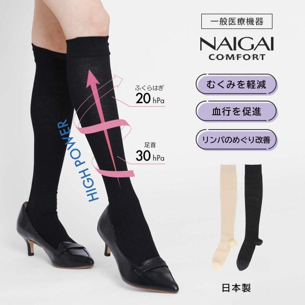 ブランド:NAIGAI COMFORT ナイガイ コンフォートカラー:21.ベージュ、98.ブラックサイズ:23-25cm丈・その他:着圧ハイソックス総丈：約40cm（口ゴム〜かかとの丈長）身巾：約6.5cm（足首部の幅長）約8cm （口ゴ...