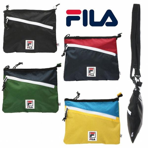 FILA フィラ 通販正規店手軽なバッグとして人気のサコッシュです。小物やちょっとした物を収納するに重宝するアイテムです。ショルダーは全色BLACKです。素材ナイロン 100％ (テープ部分 ポリプロピレン)縦：約19cm横：約24cmスト...