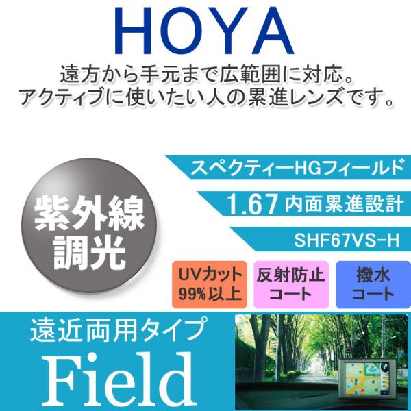 【メーカー】HOYA（ホヤ）【型番】スペクティHGフィールド センシティ2SHF67S2G（S2B、S2N）-H SENSITY2【素材】プラスチック【仕様】調光機能付き（紫外線調光）内面累進設計1.67 度付きレンズ2枚1組 クリア/カラ...