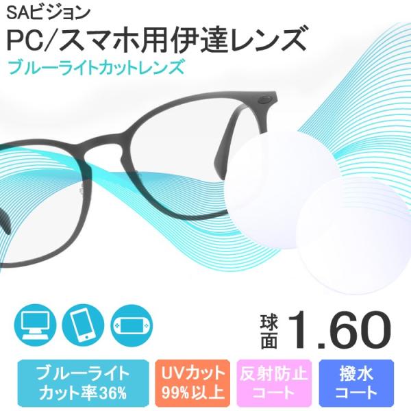 ■球面1.60 PC用伊達レンズ (左右（2枚1組）)【素材】プラスチック【機能】ブルーライトカット率約36％反射防止マルチコート反射防止マルチコートUVカット（99％以上）【詳細】・パソコン作業等で生じる眼精疲労を軽減するブルーライトカッ...