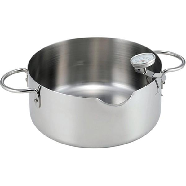 油が伝うことを軽減してきれいに注ぐことができる揚げ鍋ができました。使用頻度の多い２０ｃｍサイズ。ＩＨ２００Ｖ対応です。揚げ頃がわかりやすい温度計と適油量が分かりやすい目安ライン付きです。※完全に油タレを防ぐことはできません。　（パルシステム...