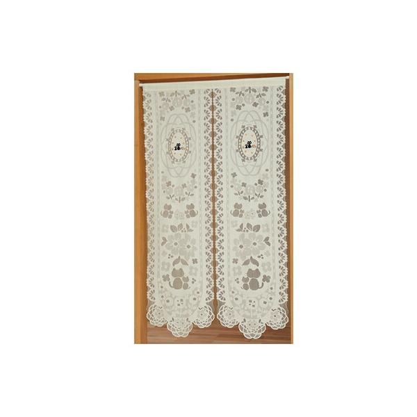 ネコの刺しゅうがキュートなのれん！＊汚れが目立ちにくいクリーム色ののれん。＊中央はお好きな高さまでカットできます。＊手洗い【商品名】プラン堂　刺しゅう入りレースのれん(ネコ)　間仕切り　インテリア　カットOK【サイズ】約85×150cm【重...