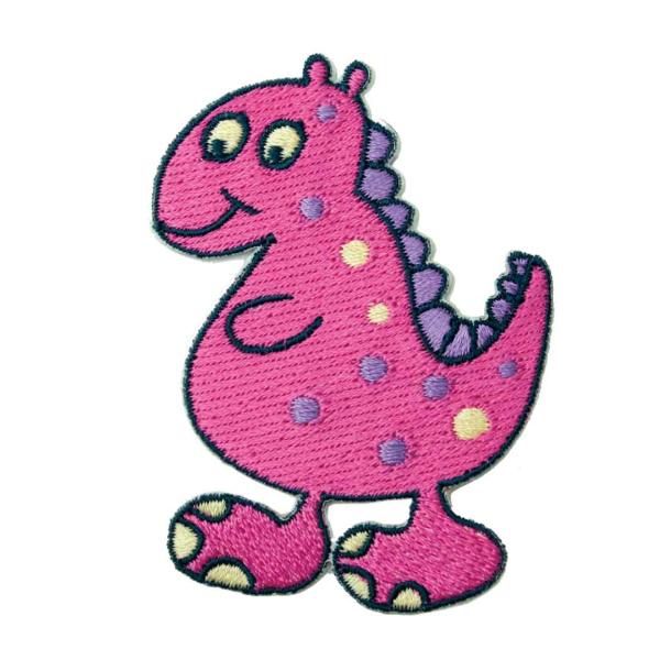商品名 恐竜 ピンク 動物 Dinosaurs キャラクター かわいい デザインワッペン ワッペン取り付け方 接着する位置に正しく置いて、当て布をのせ、アイロンが直接生地にあたらないようにしてください。アイロンの温度は150℃前後（綿用）に...
