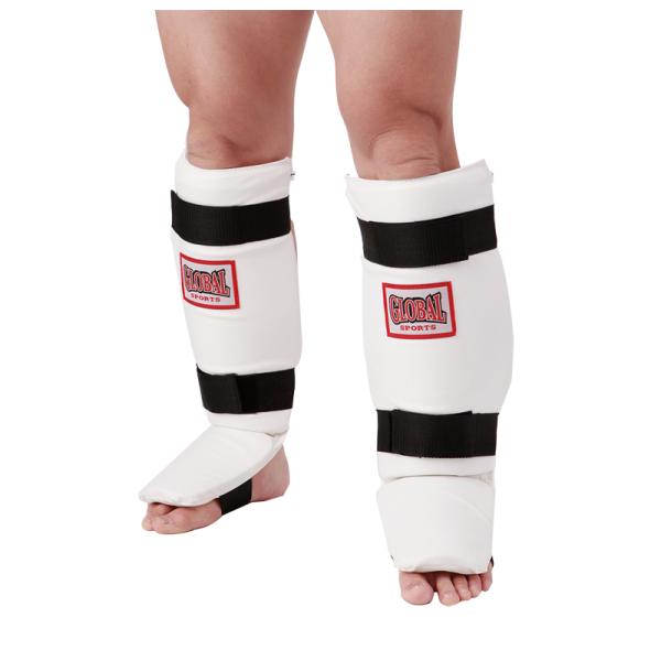 素材：合皮単位：1組サイズ：M・ Lカラー：黒・赤・青・白・ピンク適度な硬さと厚みで脚を包み込みしっかりガード！足裏部分のゴムが二重で長持ち！上下のマジックテープが逆向きの為、ずれにくい！(マジックテープの粘着力アップ！)