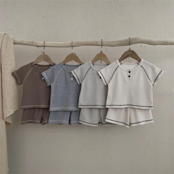 ins 夏新作　赤ちゃん　ワッフル　セットアップ　半袖　Tシャツ　ハーフパンツ　子供服　可愛い　柔らかい【バリエーション】・ベージュ/73・ベージュ/80・ベージュ/90・ベージュ/100・ライトグレー/73・ライトグレー/80・ライトグレ...