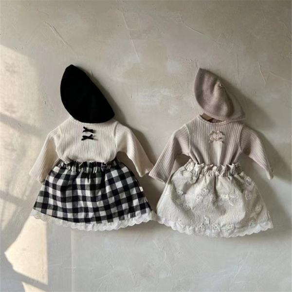 ins 秋新作　ベビー服　レース　スカート　可愛い　刺繍　森ガール　格子　ボトムス　子供服　女の子【バリエーション】・ベージュ/66・ベージュ/73・ベージュ/80・ベージュ/90・格子/66・格子/73・格子/80・格子/90【サイズ・仕...