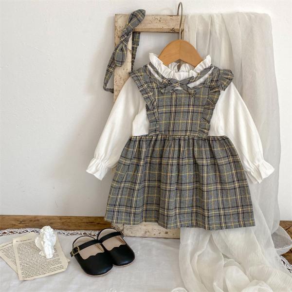 ins 秋新作　ベビー服　女の子　フェイクレイヤード　ワンピース　チェック柄　可愛い　ヘアバンド付き【バリエーション】・写真通り/73cm・写真通り/80cm・写真通り/90cm・写真通り/100cm・写真通り/110cm【サイズ・仕様】素...