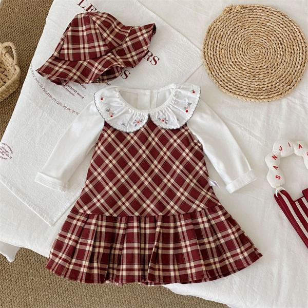 ins 秋新作　女の子　チェック柄　ノースリーブ　ワンピース　可愛い　おしゃれ　子供服　帽子付き　格子【バリエーション】・ワンピース/73・ワンピース/80・ワンピース/90・刺繍襟Tシャツ/73・刺繍襟Tシャツ/80・刺繍襟Tシャツ/90...
