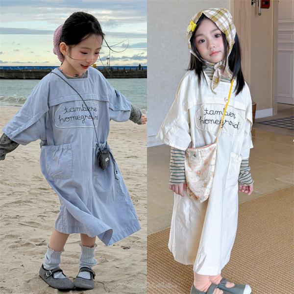 ins 秋新作　女の子　7分袖　英字　刺繍　ワンピース　可愛い　おしゃれ　子供服　重ね着　ドレス　2色【バリエーション】・オフホワイト/80・オフホワイト/90・オフホワイト/100・オフホワイト/110・オフホワイト/120・オフホワイト...