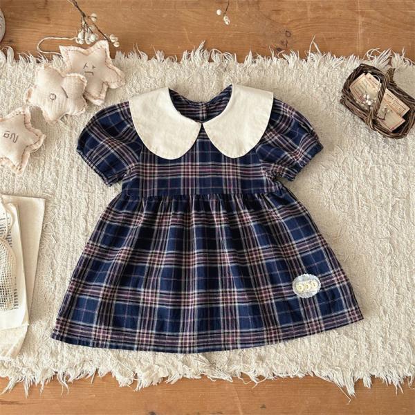夏新作　女の子　ピーターパンカラー　半袖　チェック柄　ワンピース　子供服　可愛い　おしゃれ【バリエーション】・写真通り/73cm・写真通り/80cm・写真通り/90cm・写真通り/100cm【サイズ・仕様】素材：綿95％　ポリエステル5％カ...