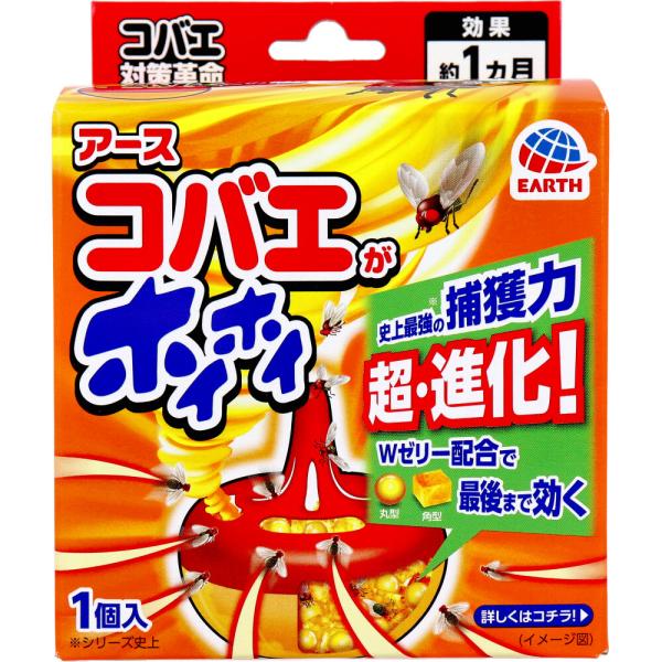 超・進化！丸型＋角型のWゼリー配合で最後まで効く。●4ステップでコバエもう逃げられない！(1)近づきたくなる色と香り！コバエが好きな赤色と紹興酒＆黒酢の香り、魚介成分で強力誘引！(2)止まりたくなるこの先端！コバエの習性を応用した容器を採用...