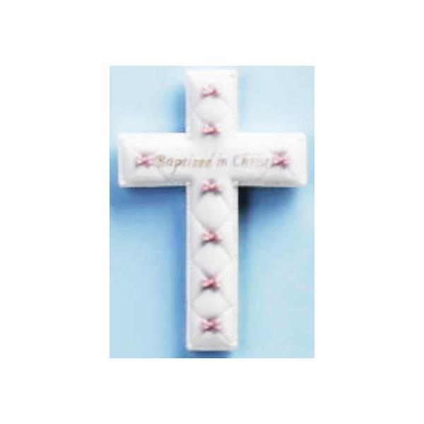 ”Baptized in Christ”「キリストにより洗礼を受けました」バプテズマのお祝いにふさわしい、十字架の壁掛けです！エンボス加工されたリボンが可愛らしい♪下記よりお選び頂けます。1. ピンク 2. ブルー サイズ(cm)：　縦１６...