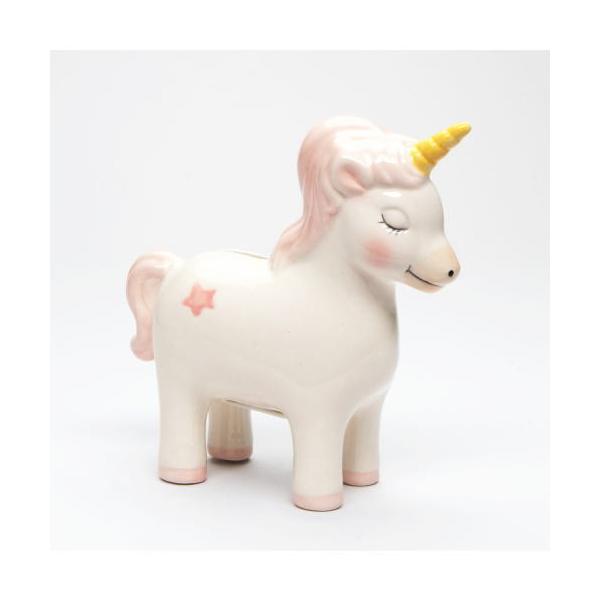 長いまつげも可愛らしいユニコーンの貯金箱です♪サイズ(cm)：　高さ１３．５X横１４X奥行５．４材質：　ポーセリン（陶磁器）