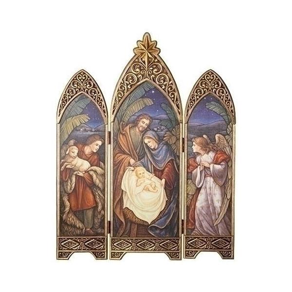 聖なる家族と傍らで見守る天使、羊飼いのアンティーク調の、３スクリーンのパーティションです！各所に施されたアンティークゴールド色の模様も、味わい深さを加えています。サイズ(cm)：　高さ９２X横幅７３X厚み２．２材質：　MDF（中密度繊維シート）