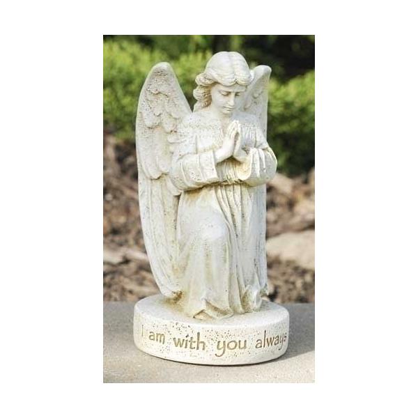 I am with you always (私はいつもあなたと共にいます。）上記のことばが記された、台座の上でお祈りを捧げる天使の小さめの置物です♪サイズ(cm)：　高さ１４X幅７X奥行７材質：　ストーンレジン