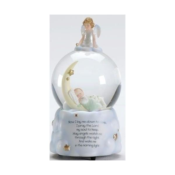 人気のウォータードームのオルゴールです。ウォーターグローブの中で眠るベビーを、天使が上から優しく見守っています！音色とともに舞う繊細なグリッターがきれい♪サイズ：　高さ１８cmX横幅１０cm材質：　ストーンレジンオルゴール曲：　ブラームスの子守歌