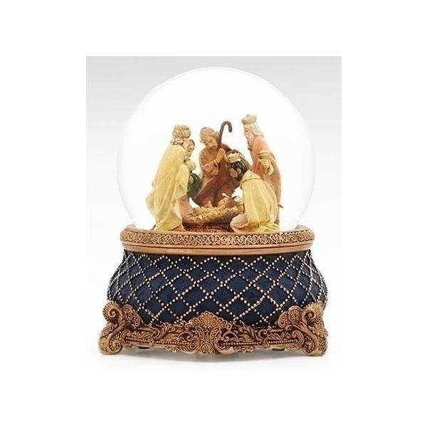 ベビージーザスのまわりには、マリアとヨセフ、3人の博士達の姿もモチーフにされたオルゴール付きのグリッターグローブです。台座には、ブルー＆ゴールドを基調にしたビクトリアン調の模様が施されています。サイズ(cm)：　高さ１７X直径１２材質：　レ...