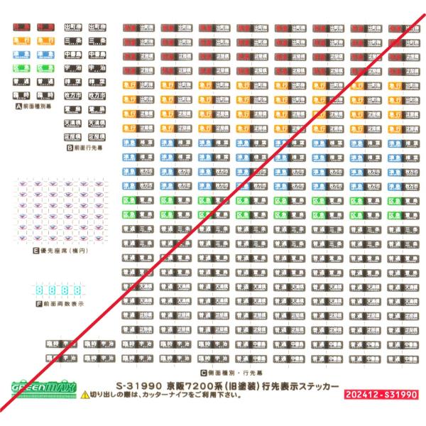 グリーンマックス S-31990 京阪7200系（旧塗装）行先表示ステッカー 1枚入 | グリーンマックス・ザ・ストアWEB | SitePromo
