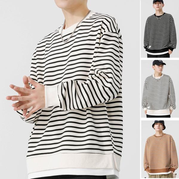 トレーナー メンズ 長袖 ボーダー柄 ロングパーカー スウェット パーカー オシャレ 秋服 秋冬 クルネック カジュアル トップス