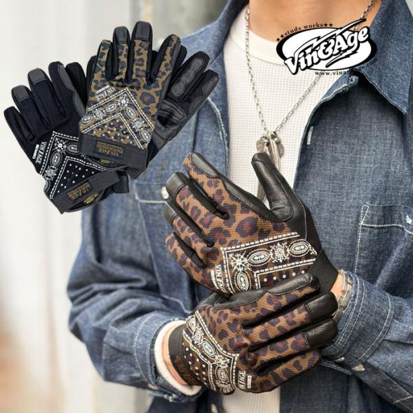 VIN&amp;AGE ヴィン＆エイジ VMG1 MECHANIC GLOVES ショートグローブ バンダナ柄 ヴィンアンドエイジ 牛革/ポリエステル 手袋 バイカー ハーレー ライディンググローブ アメカジ ブラック レオパード