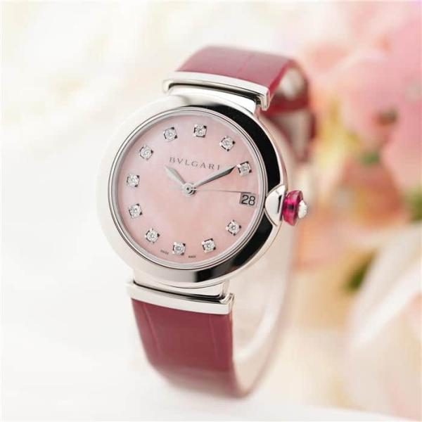 ブルガリ ルチェア LU33C2SLD/11 BVLGARI ブルガリのレディースコレクション「ルチェア」より登場したLU33C2SLD/11は、33mmのステンレススチールケースにピンクシェルの文字盤を組み合わせた、上品で華やかな自動巻き...
