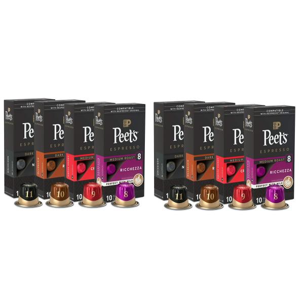 お得な8箱入り Peet’s Coffee社 クレマスキュラ、ネリッシモ、リチェッツァ、リストレット、Ricchezza Crema Scura Ristretto Nerissimo各2箱×4種類 合計80カプセル
