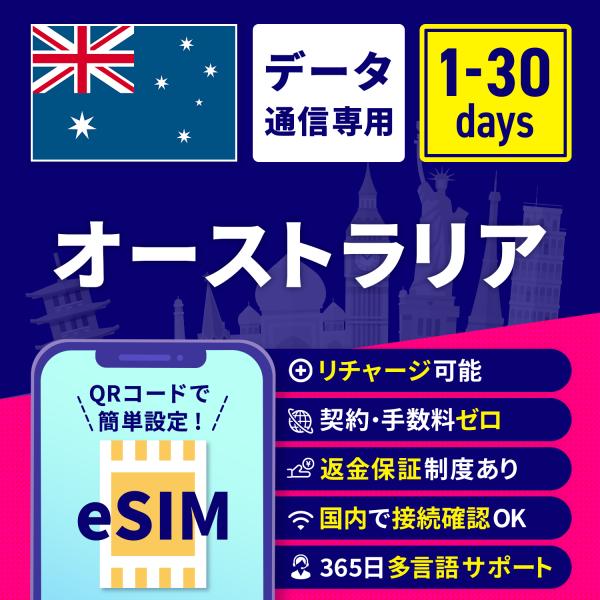SIM種別：eSIMご利用日数：1，3，5，7，10，15，30日間電話番号付与：なし（データ通信のみ可能）対応機種：SIMロックフリー端末,eSIM対応端末アイテムキーワード：eSIM オーストラリアeSIM オーストラリア用eSIM 外...