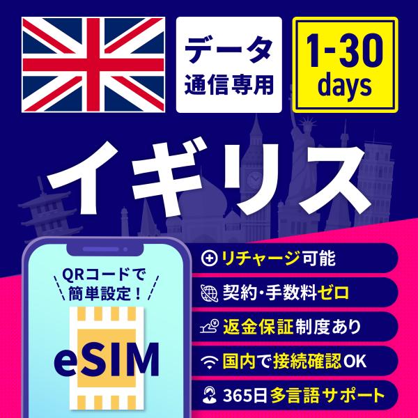 SIM種別：eSIMご利用日数：1，3，5，7，10，15，30日間電話番号付与：なし（データ通信のみ可能）対応機種：SIMロックフリー端末,eSIM対応端末アイテムキーワード：eSIM イギリスeSIM イギリス用eSIM 外国用eSIM...