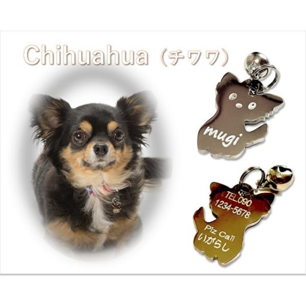 チワワは多くの人が愛するワンちゃんです。ストラップと一緒にしてもかわいいチャームです。【刻印について】表面（右しっぽ）のお名前のフォントは８種類からお選びください（画像参照）裏面（左しっぽ）の連絡先はゴシック体のみとなりますのでご了承くださ...