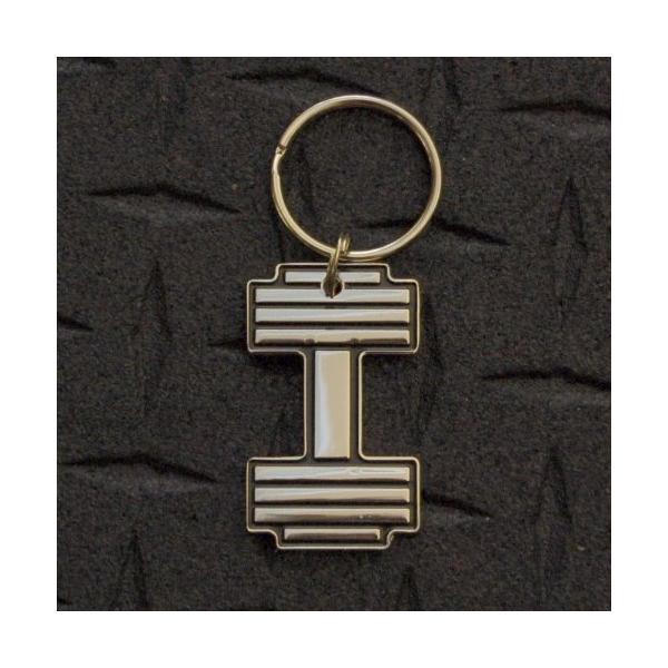 Ironmaster（アイアンマスター）のオリジナルキーホルダー。クイックロックダンベルの形にデザインされています。大きさは約5.1×3.1cm