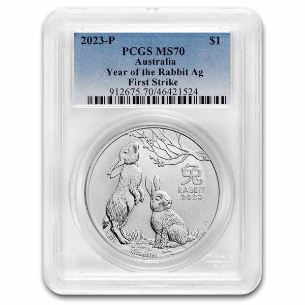 商品名 : 2023年 (新品) オーストラリア「干支 十二支・卯年 兎年」純銀 1オンス 銀貨 PCGS MS70 (ファーストストライク)品位    : 99.99％の純銀重量    : 1オンス (31.1グラム)状態    : 新品...