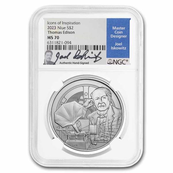 商品名  　: 2023年 (新品) ニウエ「アイコン・トーマス・エジソン」純銀 1オンス 銀貨 NGC MS70品位    　 : 99.9％の純銀重量    　 : 1オンス (31.1グラム)状態    　 : 未使用品・新品 (NG...