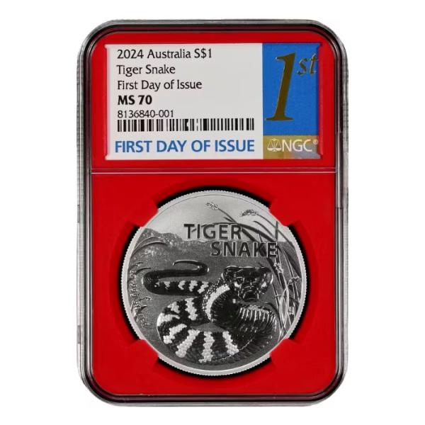 商品名　 : 2024年 (新品) オーストラリア「危険生物・タイガースネーク」純銀 1オンス NGC MS70 銀貨品位   　 : 99.9％の純銀重量   　 : 1オンス (31.1グラム)状態  　  : 未使用品・新品 (NGC...