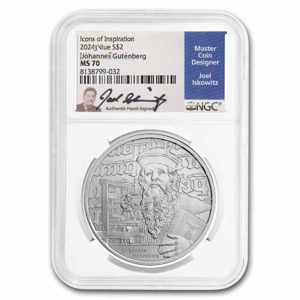 商品名  　: 2024年 (新品) ニウエ「アイコン・ヨハネス・グーテンベルク」純銀 1オンス 銀貨 NGC MS70品位    　 : 99.9％の純銀重量    　 : 1オンス (31.1グラム)状態    　 : 未使用品・新品 ...