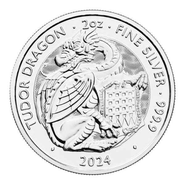 商品名 : 2024年 (新品) イギリス「ロイヤルチューダービースト・ウェールズのドラゴン」純銀 2オンス 銀貨品位    : 99.99％の純銀重量    : 2オンス (62.2グラム)状態    : 新品・未使用品サイズ : 38....