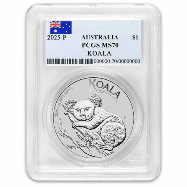 商品名　 : 2025年 (新品) オーストラリア「コアラ」純銀 1オンス 銀貨 PCGS MS70品位   　 : 99.99％の純銀重量   　 : 1オンス (31.1グラム)状態   　 : 未使用品・新品 (PCGS MS70)サ...