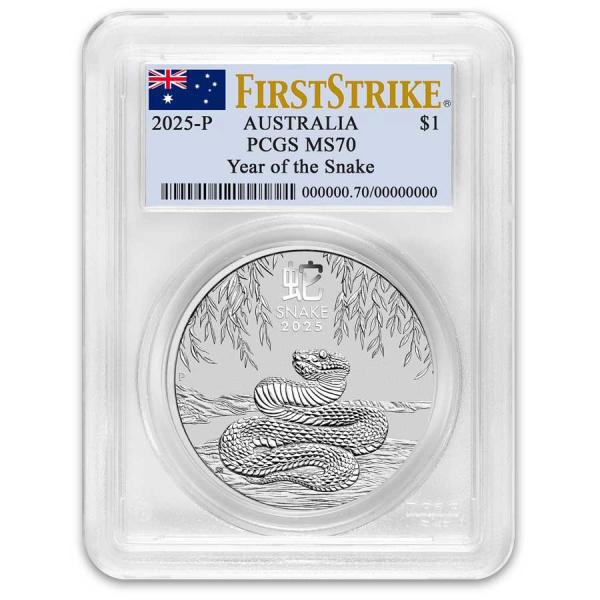 商品名 : 2025年 (新品) オーストラリア「 干支 十二支・巳年 蛇年」純銀 1オンス 銀貨 PCGS MS70 (ファーストストライク、国旗ラベル)品位    : 99.99％の純銀重量    : 1オンス (31.1グラム)状態 ...