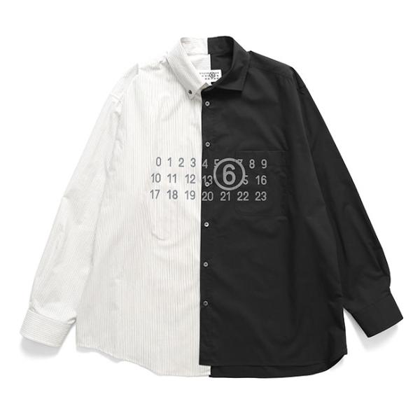 MM6コットンポプリン素材を使用したシャツ。MM6の反骨精神を体現した半々のデザインが特徴で、片面はストライプ、もう片面は無地で作成。特大サイズのニューメリックロゴアートが両パネルに広がり、意図的に配置された胸ポケットと対比をなしています。...