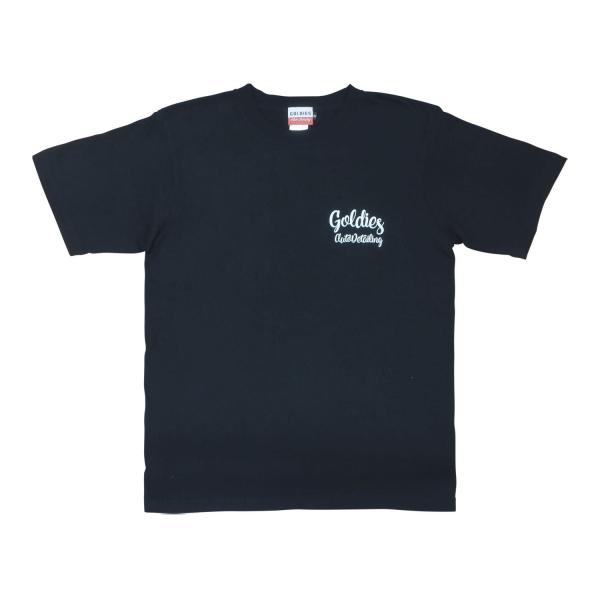 GOLDIES “SCRIPT LOGO" 半袖Tシャツ  BLACKFRONT左胸とBACKにプリントPrinted by -Calink-  KUSTOMSTYLE SO-CALSIZEM-着丈68CM 身幅52CML -着丈72CM ...