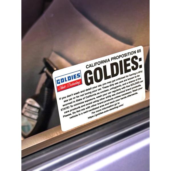 CALIFORNIAで使用されているPROPOSITION STICKERをGOLDIESテイストでアレンジしました。愛車が汚いことは非衛生的でカリフォルニア州において恥になります。そうならないためにはGOLDIESの製品を用いて常に車を綺...