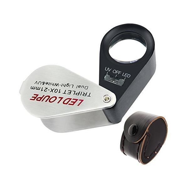 UVライトとLEDライトがレンズの周りに6個内蔵のトリプレットルーペです。レンズ径は２１ｍｍと大きくて観察に適してます。紫外線ライト付ですので、ダイヤモンドの判定鑑別、クレジットカードなどの蛍光反応などに使用できます。●仕様・UVライト+6...